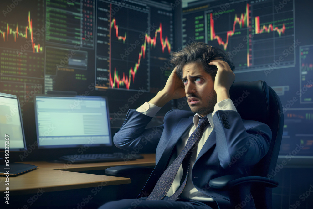 Stressed and desperate businessman crying watching stock market crash ...