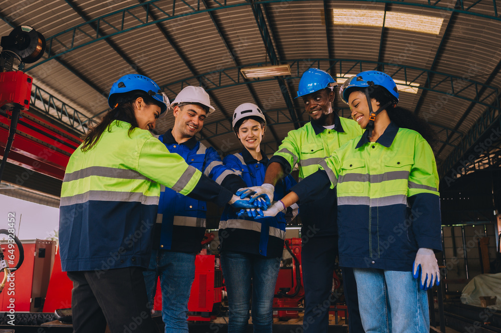 A diverse group of engineers and workers wearing life jackets and ...