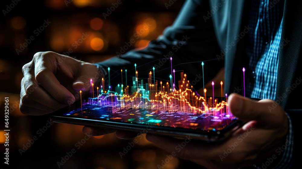 In the digital realm, a businessman's grasp on a smartphone conjures a ...