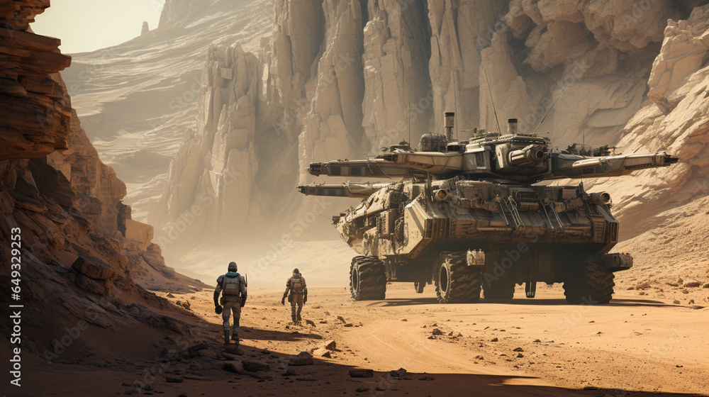 Across the desert expanse, main battle tanks carve a path, leaving ...