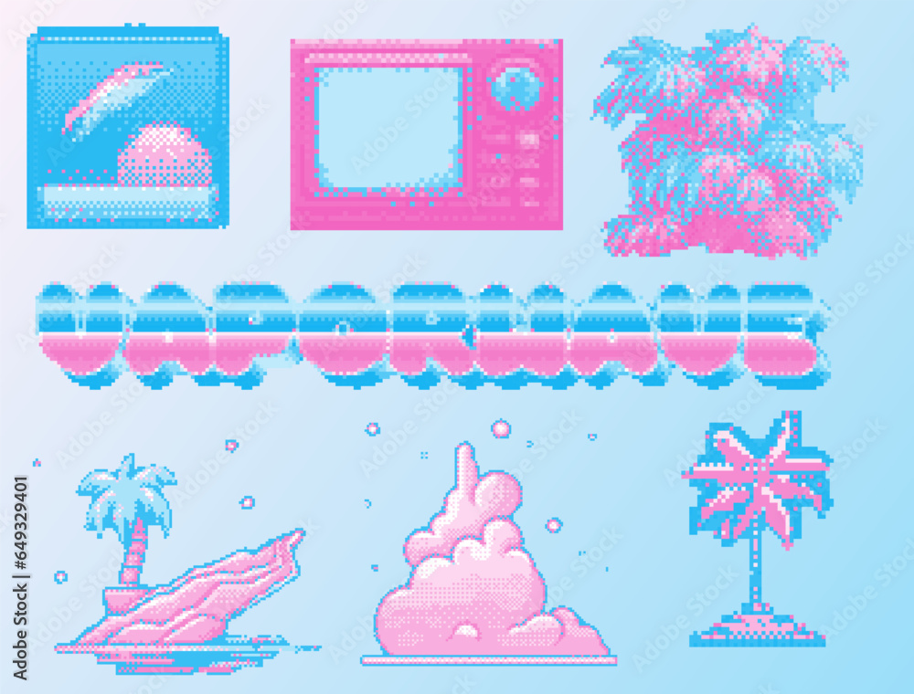 Set of different pixel art items for game design or sticker pack. Palm ...