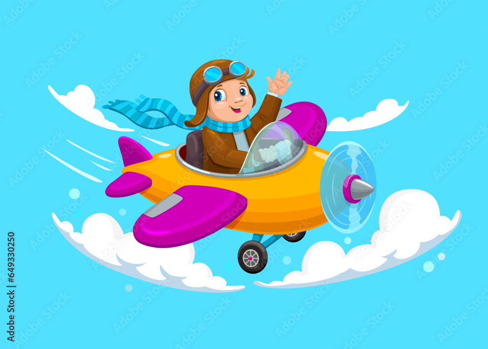 Cartoon kid flying on plane at cloudy sky. Child pilot on airplane ...