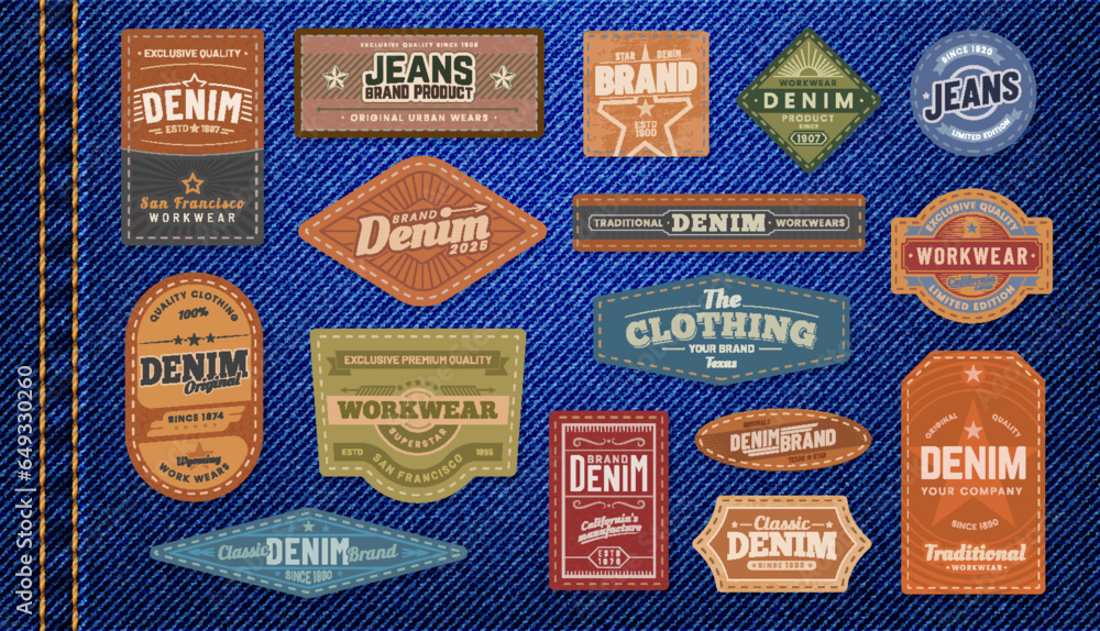 Denim jeans leather patches and labels. Isolated vector set of textured ...