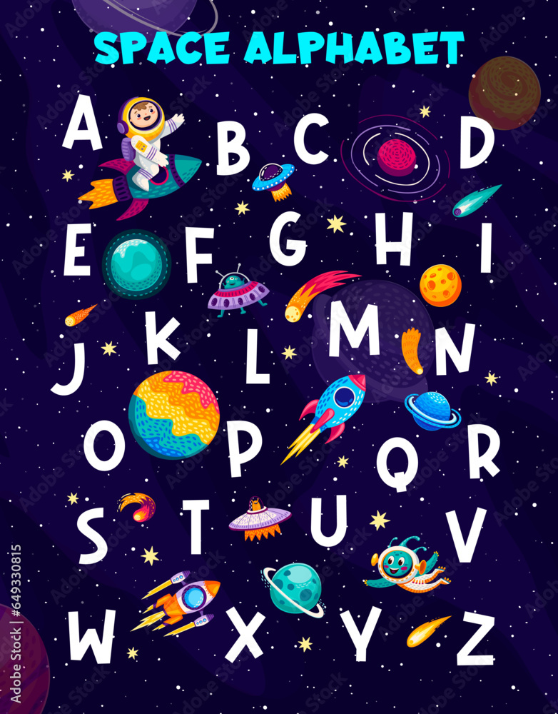Cartoon space alphabet letters or english ABC for kids education ...