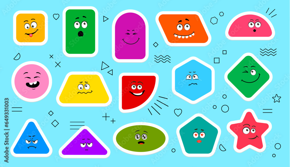 Math figure shape stickers, cute geometric characters with cartoon ...