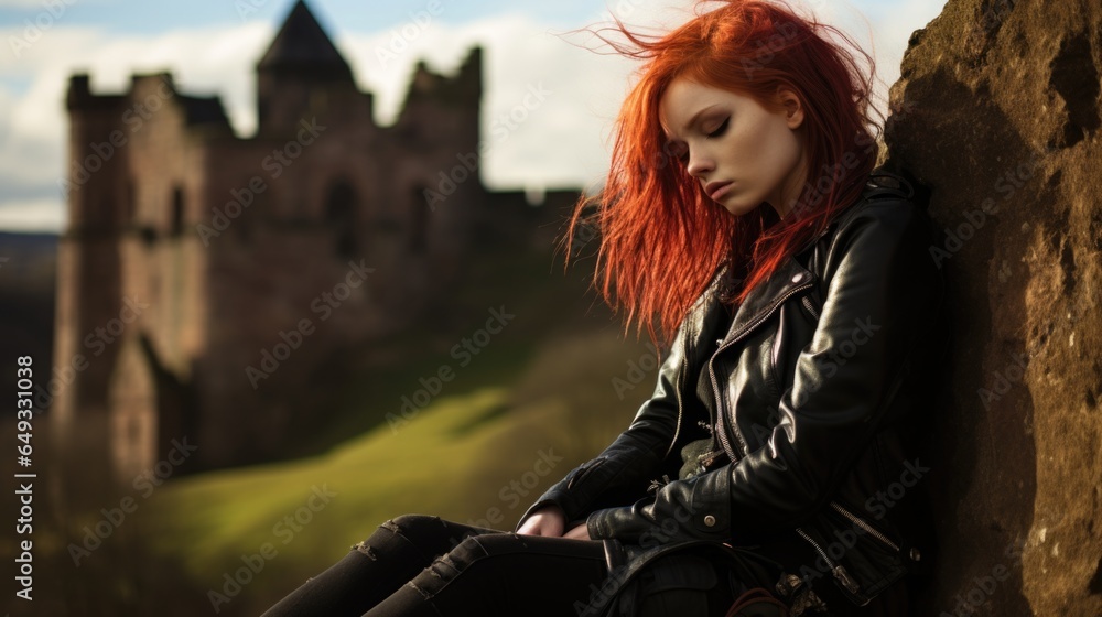 Pretty teenage emo girl with long and sleek bright red hair sitting ...