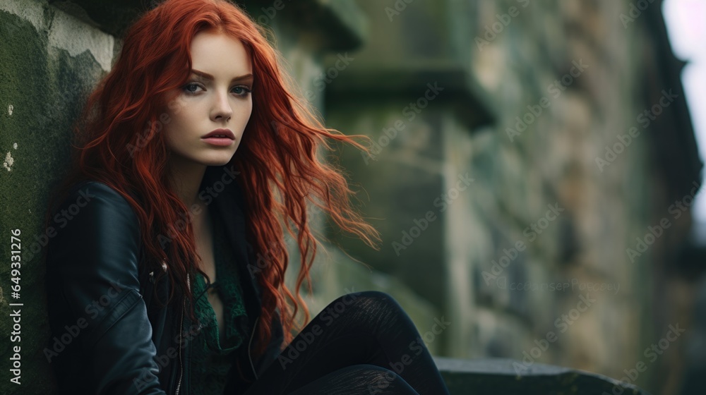 Pretty teenage emo girl with long and sleek bright red hair sitting ...