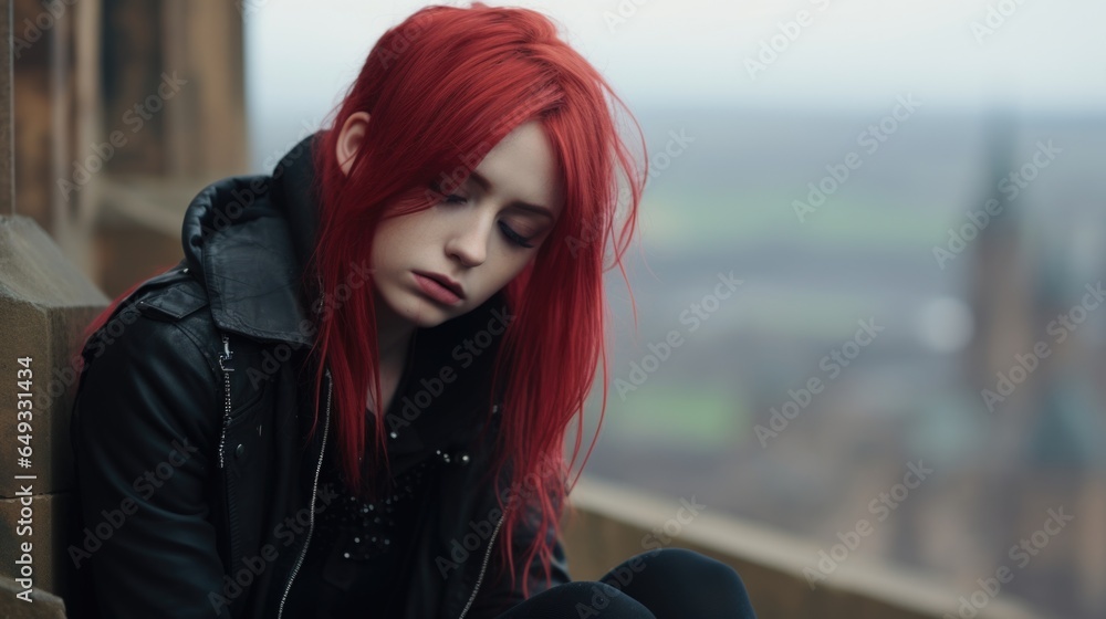Pretty teenage emo girl with long and sleek bright red hair sitting ...