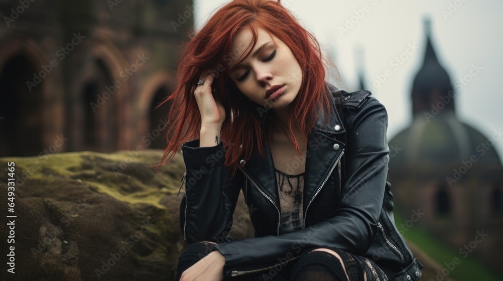 Pretty teenage emo girl with long and sleek bright red hair sitting ...