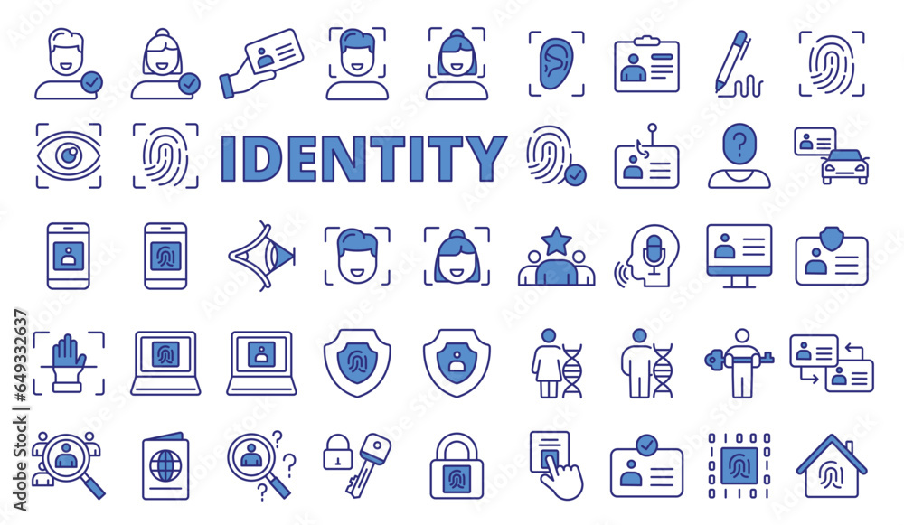 Set of identity icons in line design blue. Identification, fingerprint ...