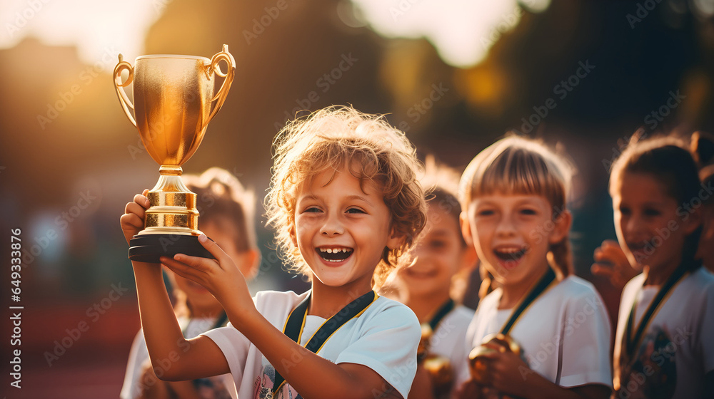 Happy kids with medals and trophy cup smiling, and looking at camera ...