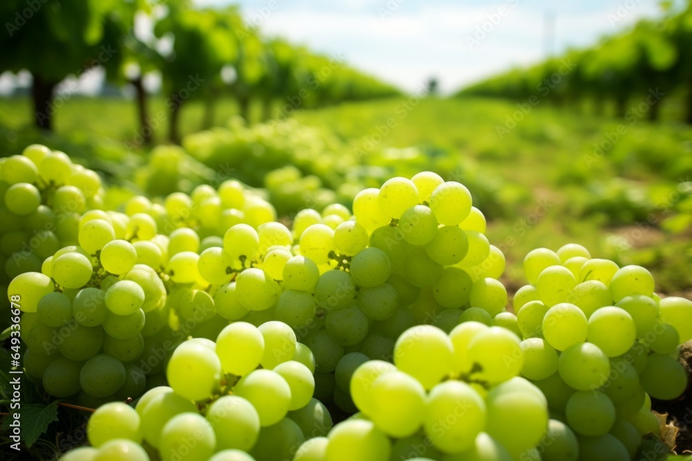 green white grape in a field with sun, white grapes are hanging on ...