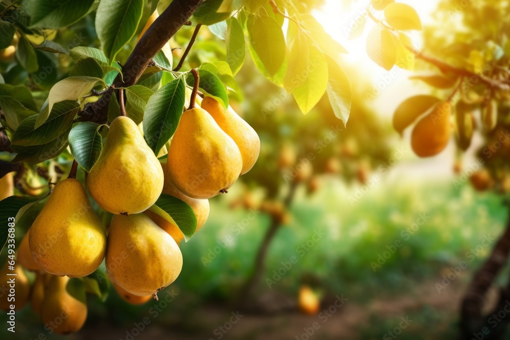 pears are growing on a tree in the orchard in the sun on the lawn Stock ...