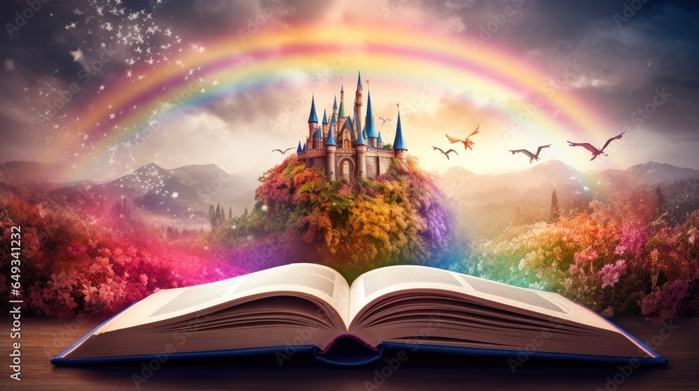 Magic fantasy castle on top of opened book with rainbow and flying ...