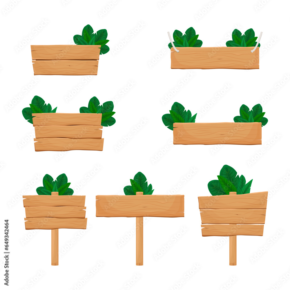 Wooden Banners with Tropical Leaves, Set Information Boards Billboard ...