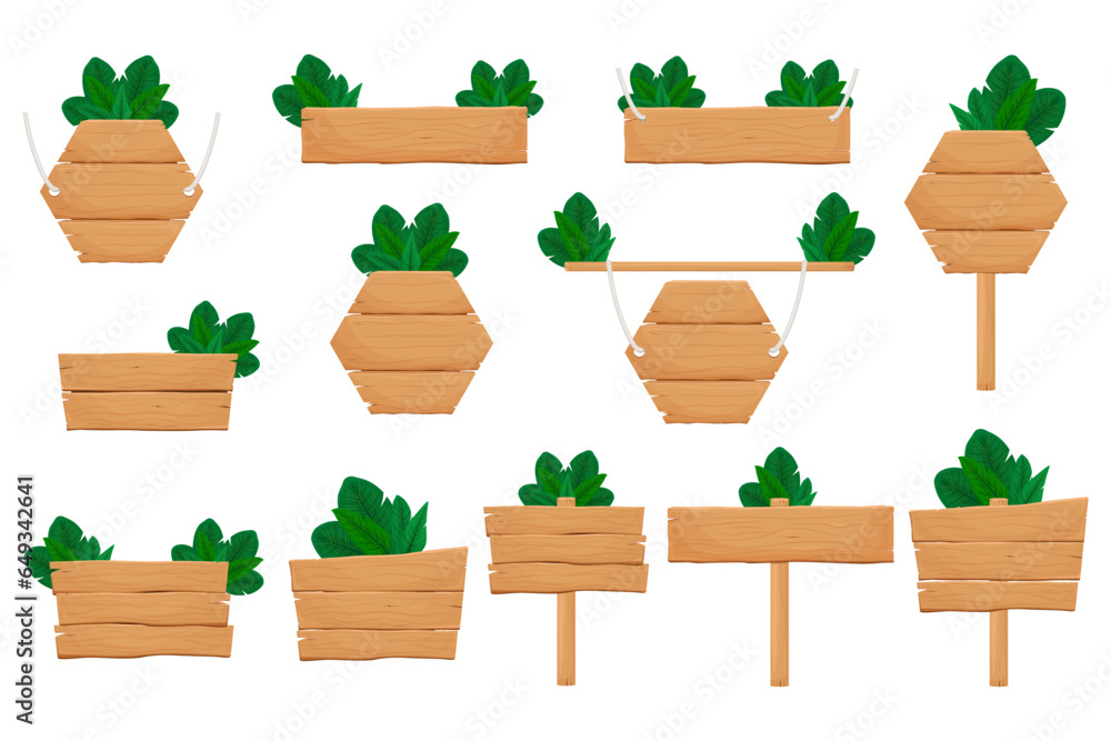 Wooden Banners with Tropical Leaves, Set Information Boards Billboard ...