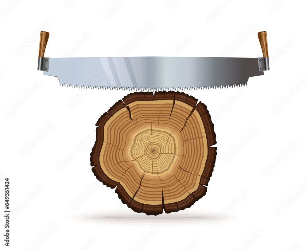 Sawing wood of a large two-handed saw. Wooden log and hand saw ...