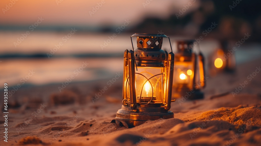 A photo of a traditional lantern placed on the beach sand at dusk. The ...