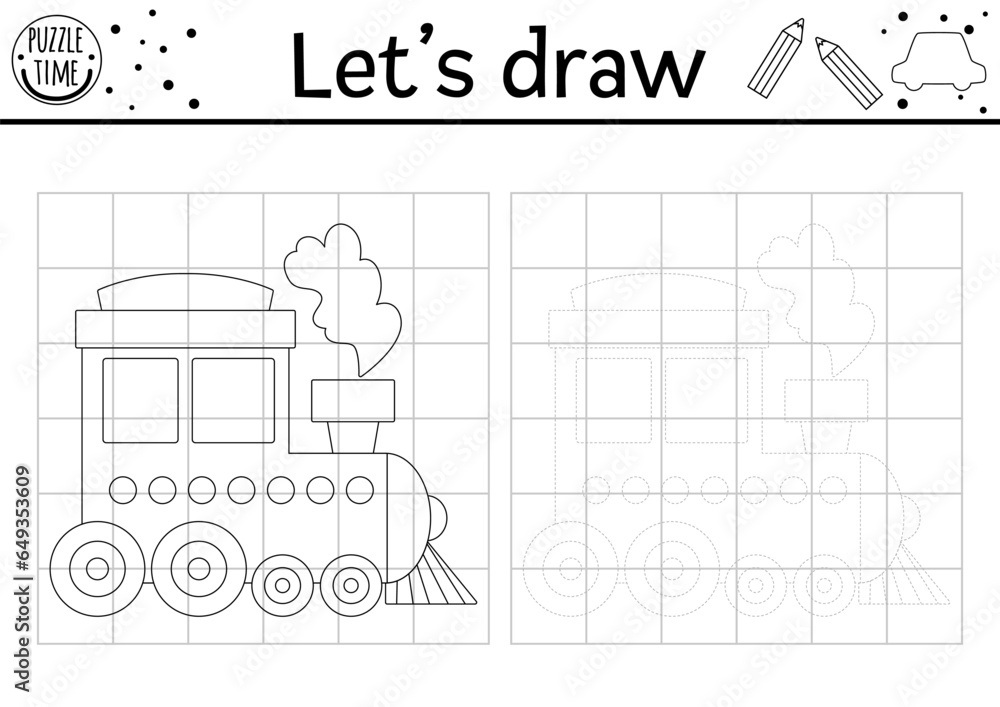 Draw the train. Vector transport drawing practice worksheet. Printable ...