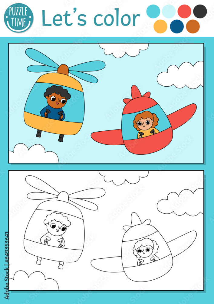 Transportation coloring page for children with plane, helicopter ...