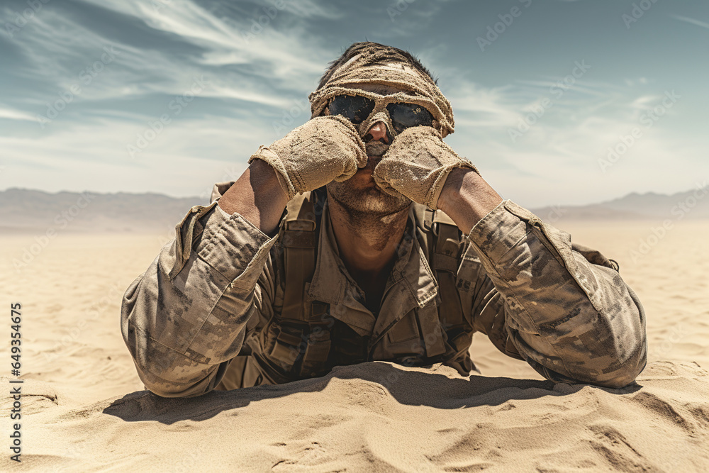 US soldier in the desert during the military operation turning to ...