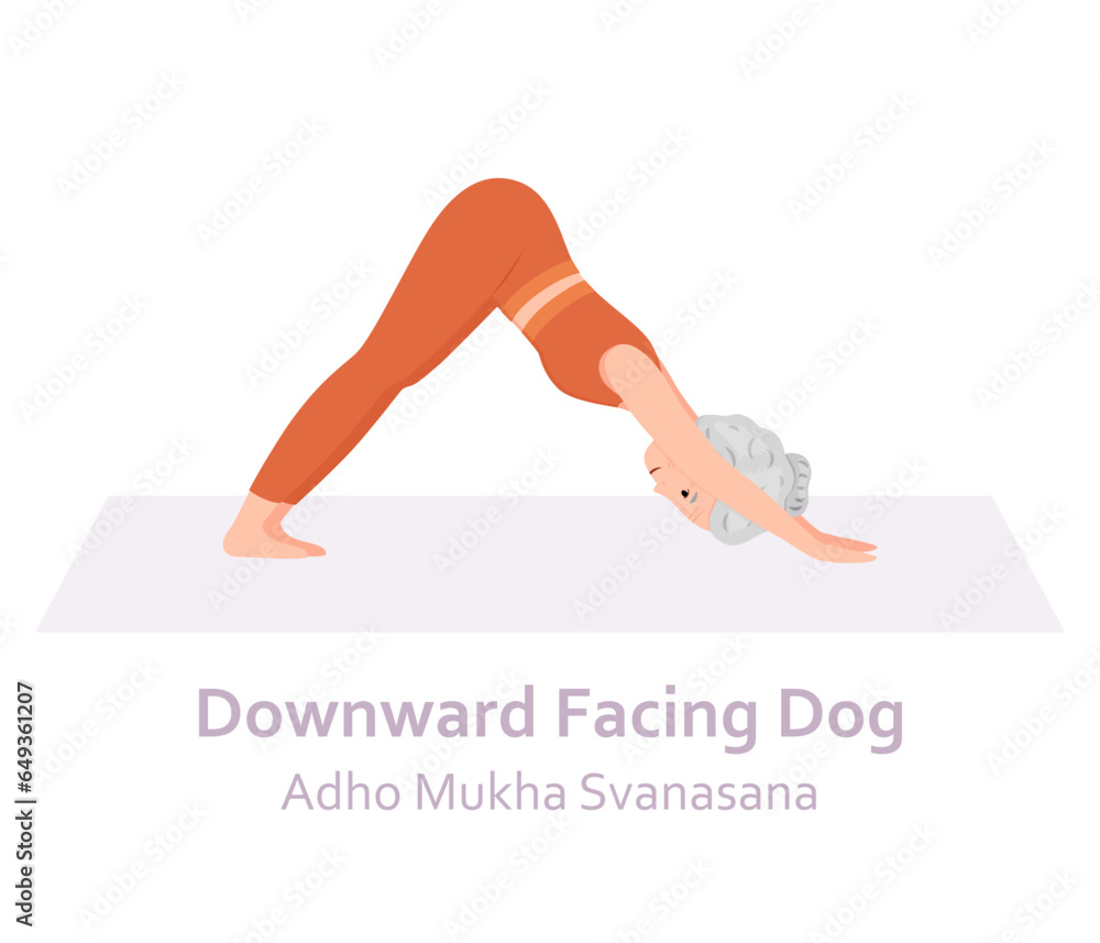 Downward Facing Dog Yoga pose. Adho Mukha Svanasana. Elderly woman ...