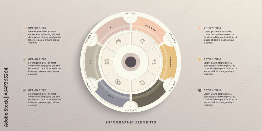 Business process chart infographics with 6 step circles. Round workflow ...