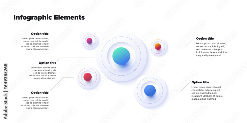 Business process chart infographics with 5 step spheres. Round workflow ...