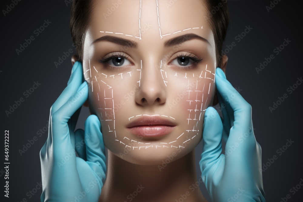 Concept of plastic surgery. Hands of plastic surgeon in blue medical ...