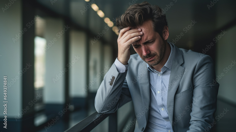 Businessman in depression sitting in his work office holding his head ...
