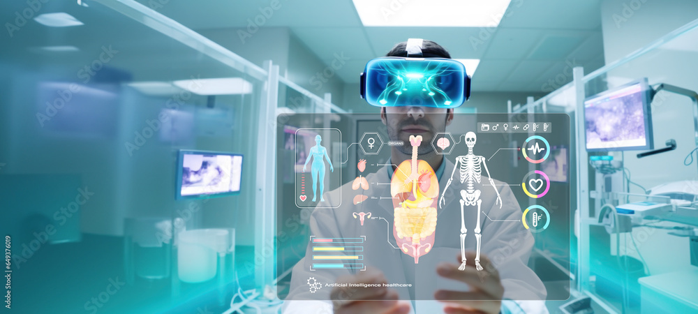Doctor, wearing virtual reality use AI robots for diagnosis, patient ...