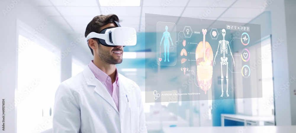 Doctor, wearing virtual reality use AI robots for diagnosis, patient ...