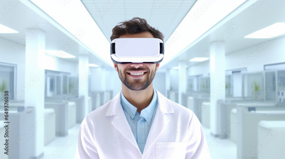 Doctor, wearing virtual reality use AI robots for diagnosis, patient ...