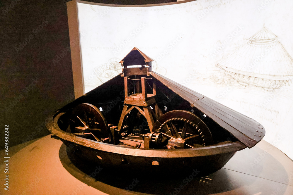 Milan, Italy - July 14, 2023: Models of inventions by Leonardo DaVinci ...