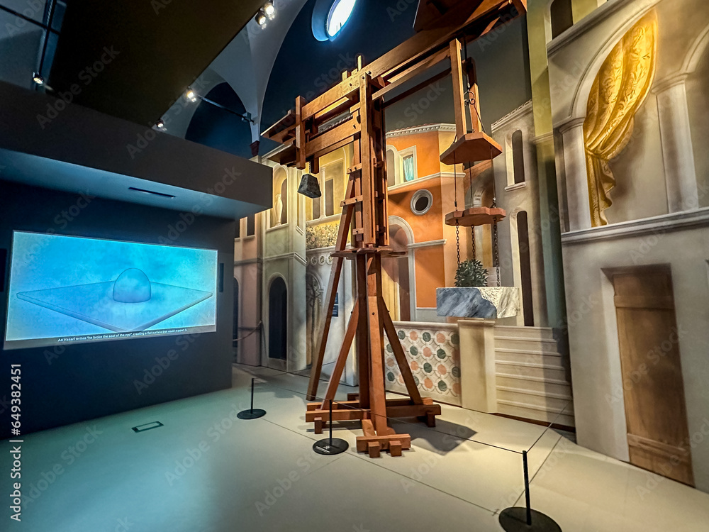 Milan, Italy - July 14, 2023: Models of inventions by Leonardo DaVinci ...