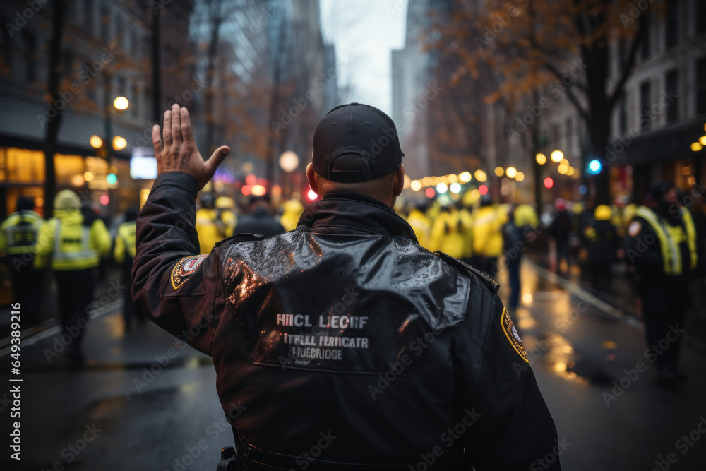 Caucasian traffic controller on highway police officer shows stop sign ...
