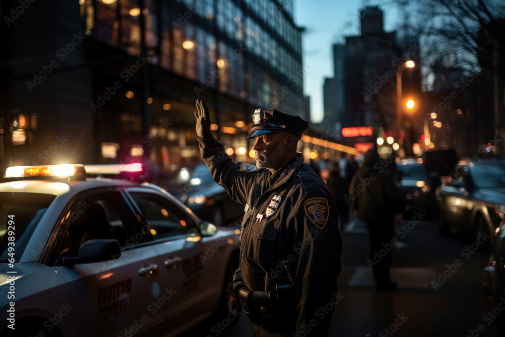 Caucasian traffic controller on highway police officer shows stop sign ...