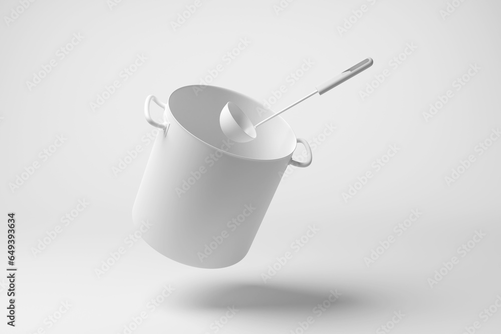 White stockpot and ladle floating in mid air on white background in ...