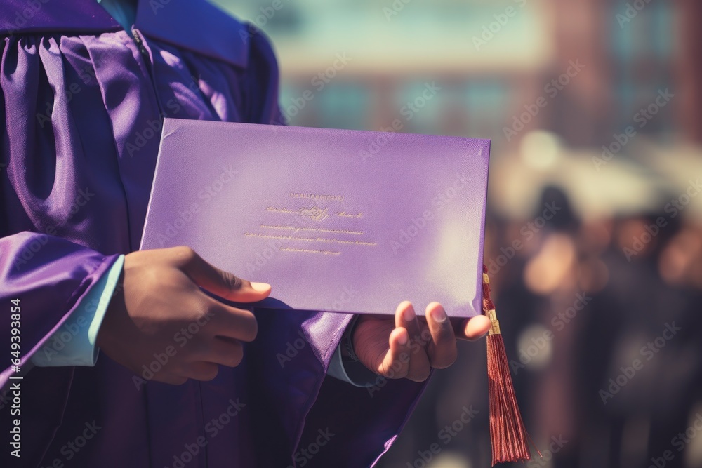A person in a graduation gown proudly holds their diploma, symbolizing ...