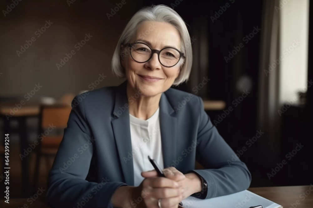 miling mature business woman hr holding cv at job interview. Happy mid ...