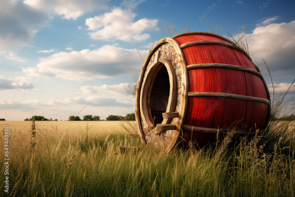 Old wine cellar in a field full of tall grass, dreamlike architecture ...