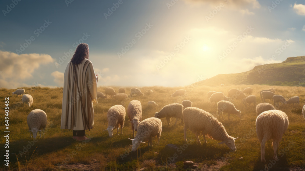 Divine Guidance in Golden Rays: Jesus Christ, the Shepherd, leading his ...