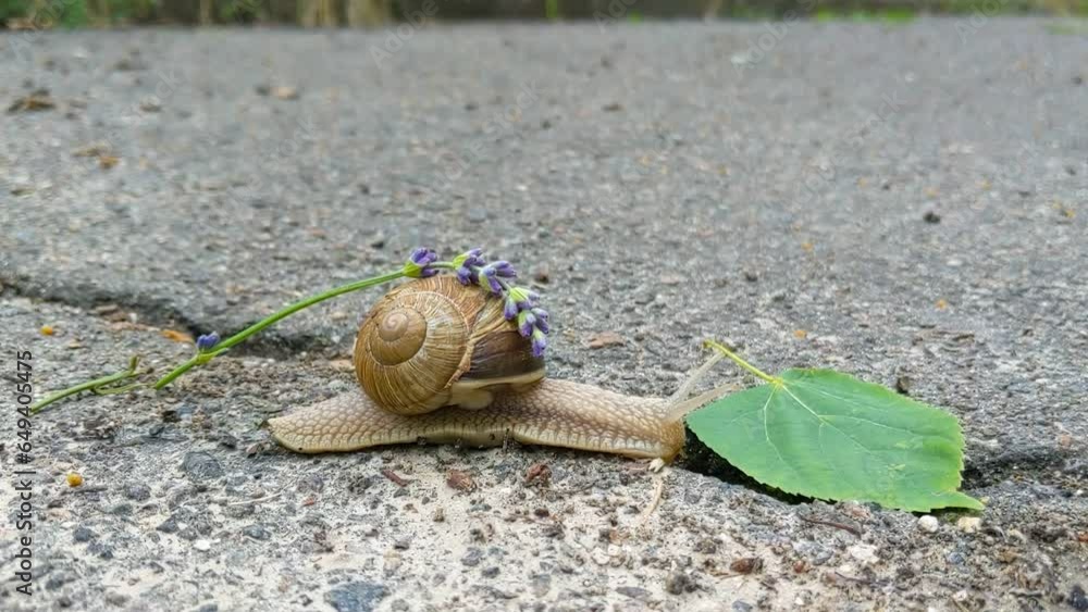 Close-up of side view of a garden snail or garden slug gracefully ...