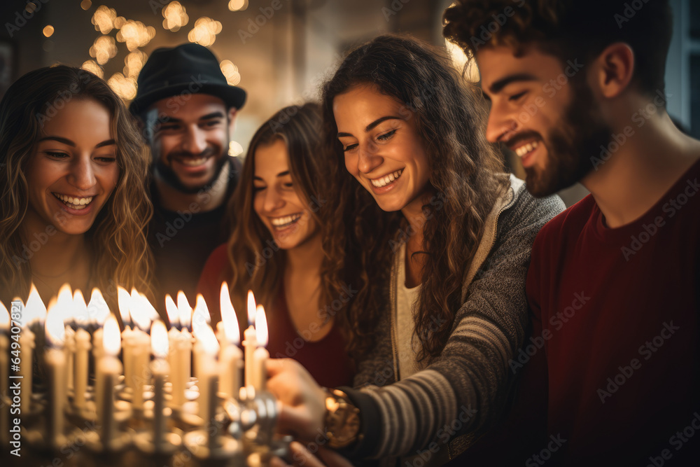 A group of friends celebrates the Festival of Lights by lighting a ...