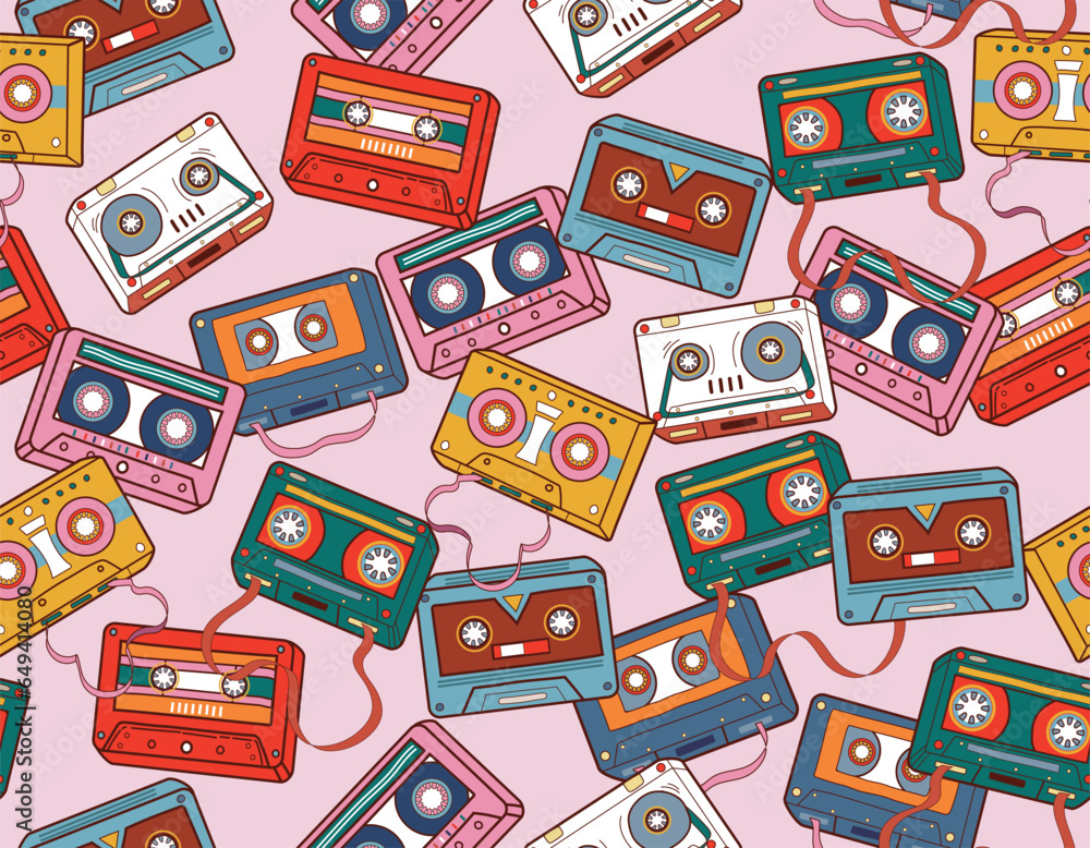 Cute Retro audio cassette seamless pattern. 80s, 70s, 60s music sound ...