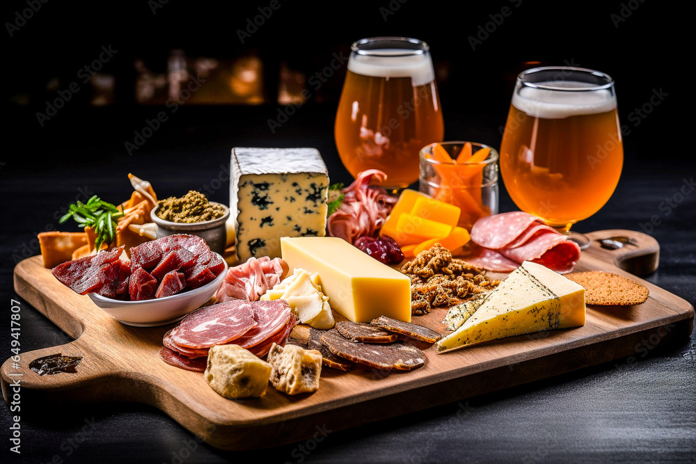 Plateau de charcuterie et formage avec de la bière pour collation Stock ...