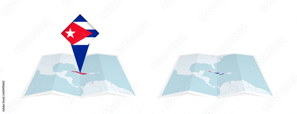 Two versions of an Cuba folded map, one with a pinned country flag and ...