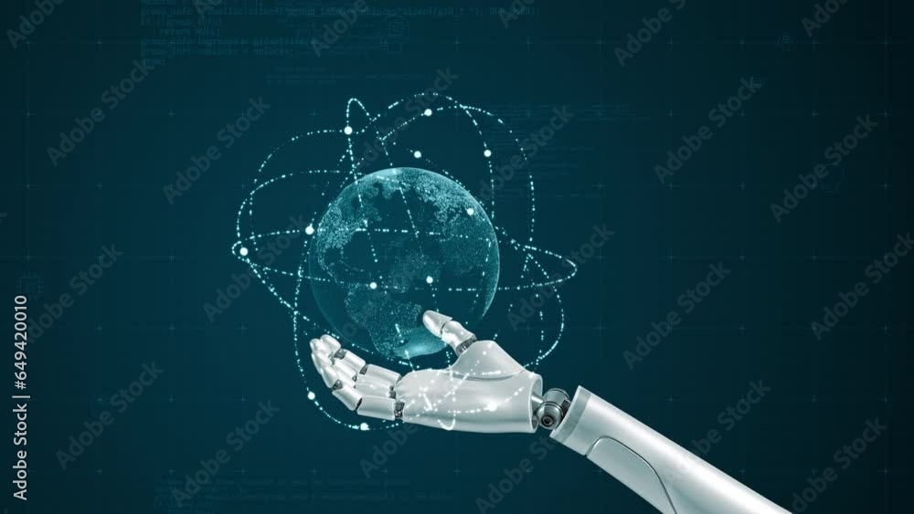 Motion graphic of AI robot arm and Blue digital earth with particle ...