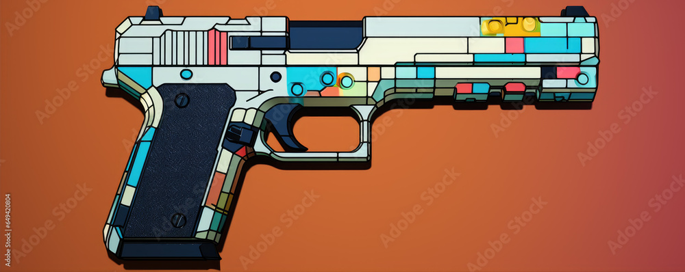 Vivid colored handgun on black background. Glock pistol weapon in ...