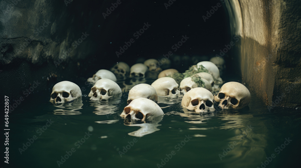 Horror scene of floating human skulls in a sewer tunnel, skeletal ...